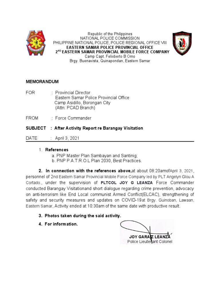 Barangay Visitation Activity Report | PDF | Commander | Police