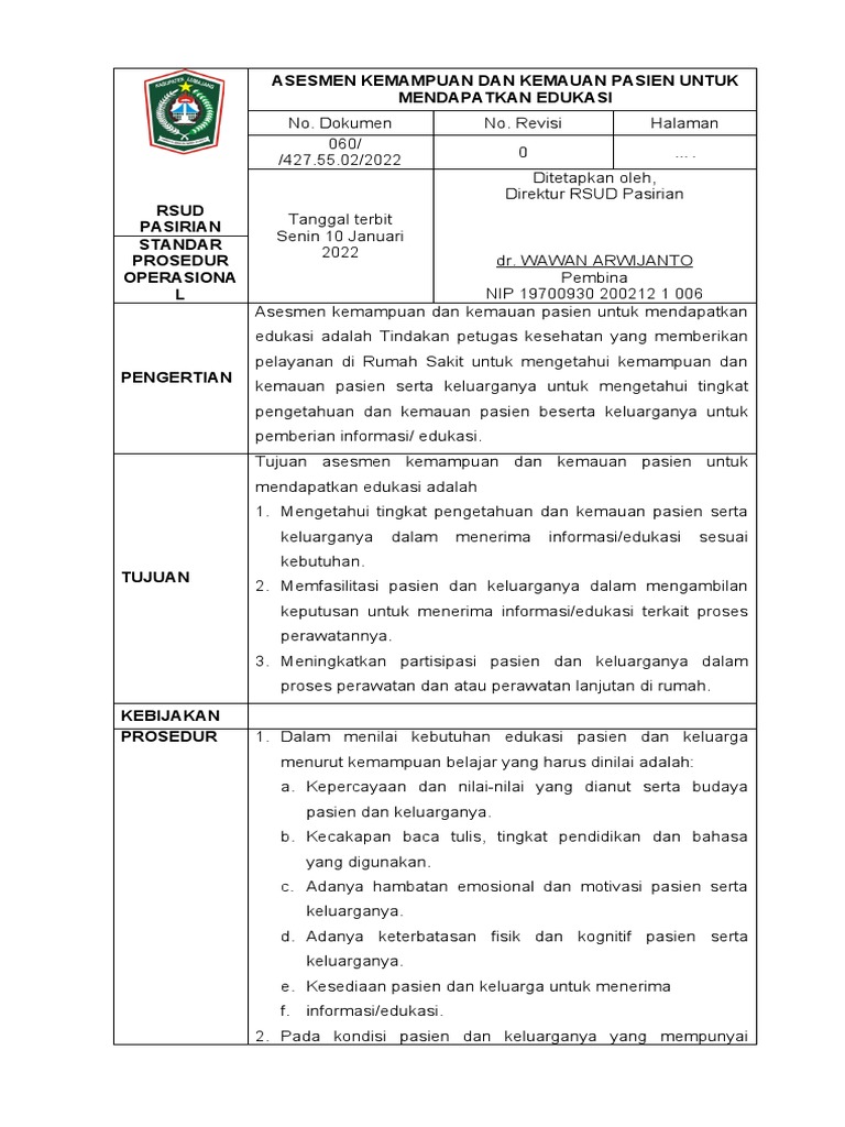 10.SPO Asesmen Kemampuan Dan Kemauan Pasien Untuk Mendapatkan Edukasi ...
