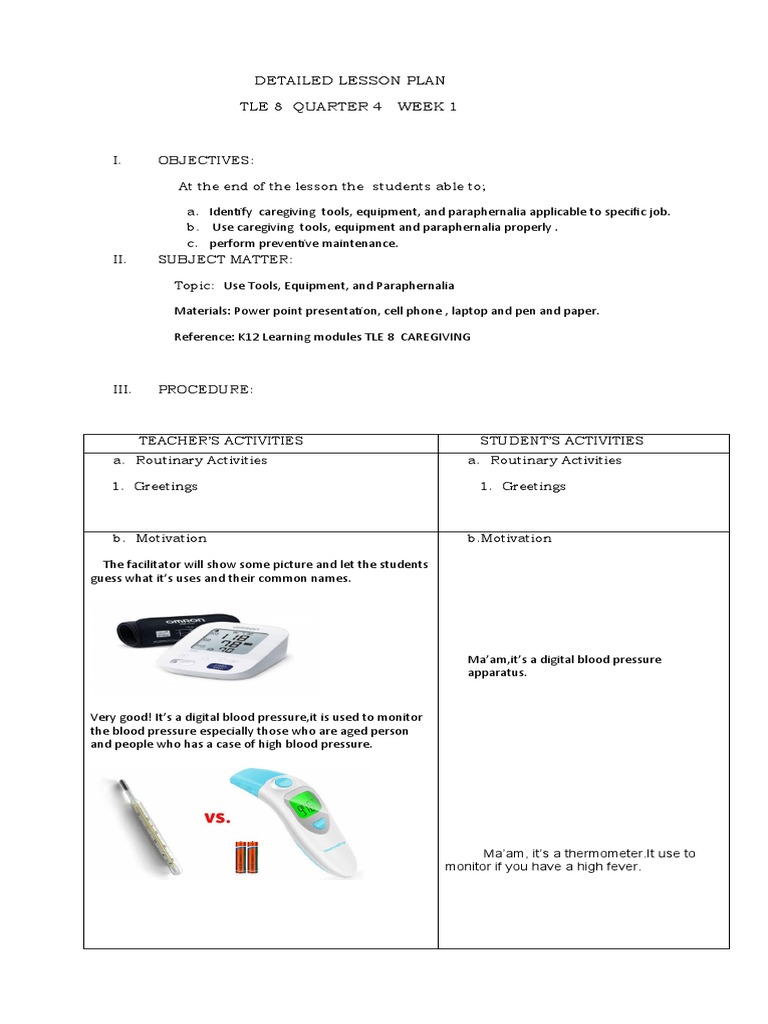 DETAILED LESSON PLAN 4th Quarter WEEK 1 | PDF | Caregiver | Blender