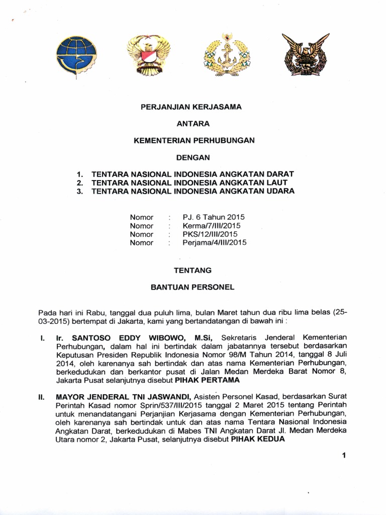 Perjanjian Kerjasama KEMENHUB DAN TNI | PDF Perjanjian Kerjasama KEMENHUB DAN TNI | PDF