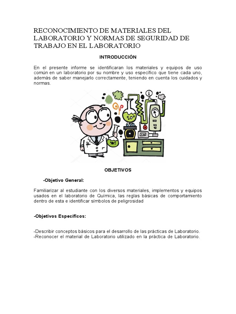 Reconocimiento de Materiales Del Laboratorio y Normas de Seguridad de Trabajo en El Laboratorio ...