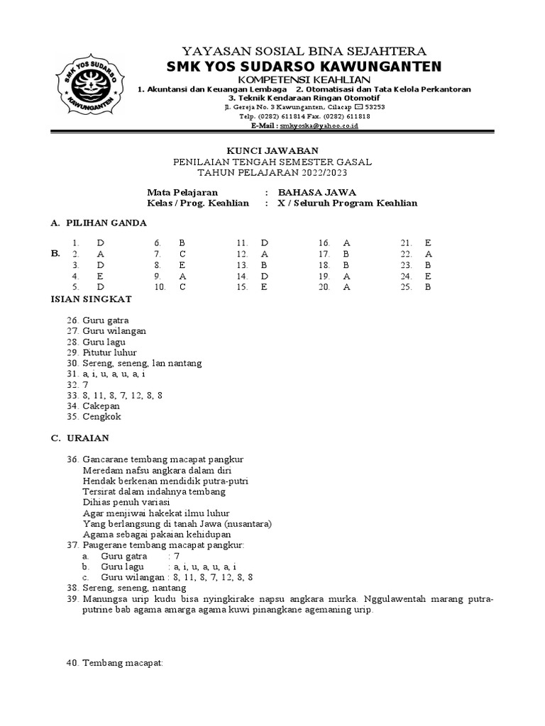 Format Kunci Jawaban Soal PTS 2022-2023 | PDF