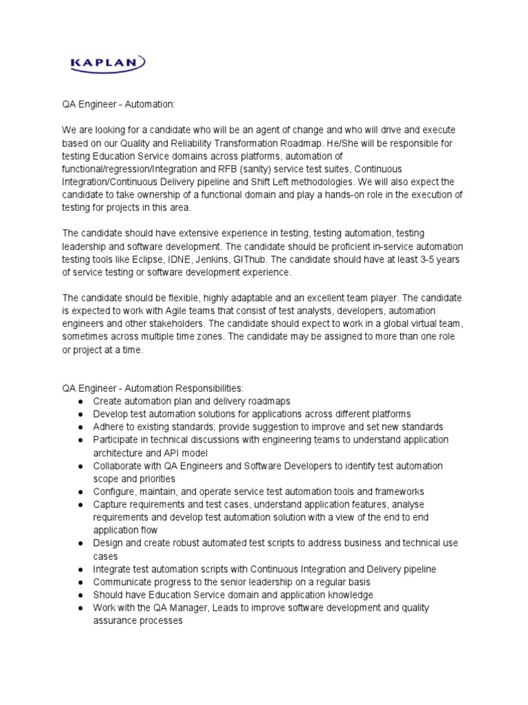 JD For QA Automation | PDF | Automation | Computer Science