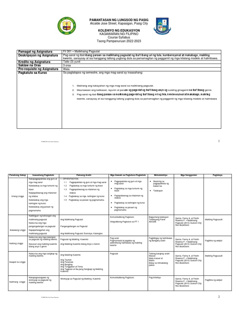 Fil 301 Malikhaing Pagsulat Syllabus | PDF