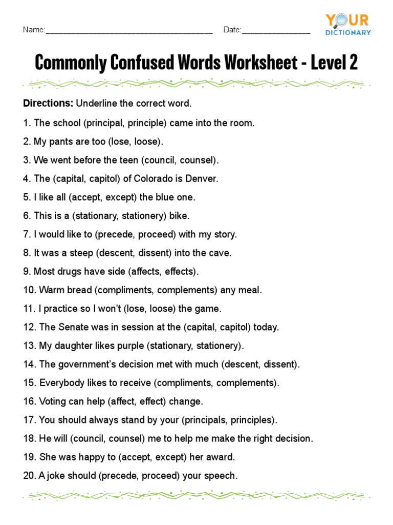 Commonly Confused Words Worksheet Level 2 | PDF