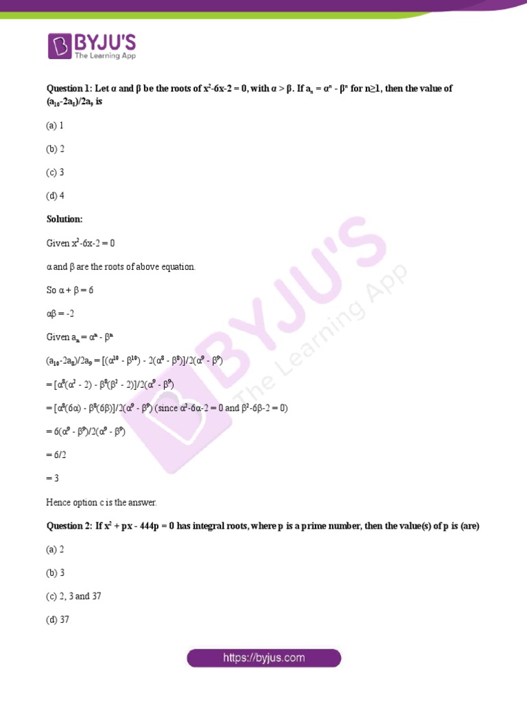 Quadratic Equation JEE Advanced Previous Year Questions With Solutions | PDF | Equations | Numbers