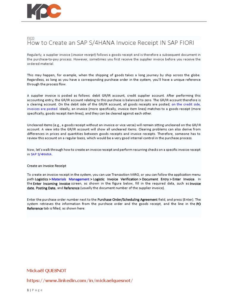Create Invoice Receipt SAP S/4HANA | PDF | Invoice | Receipt
