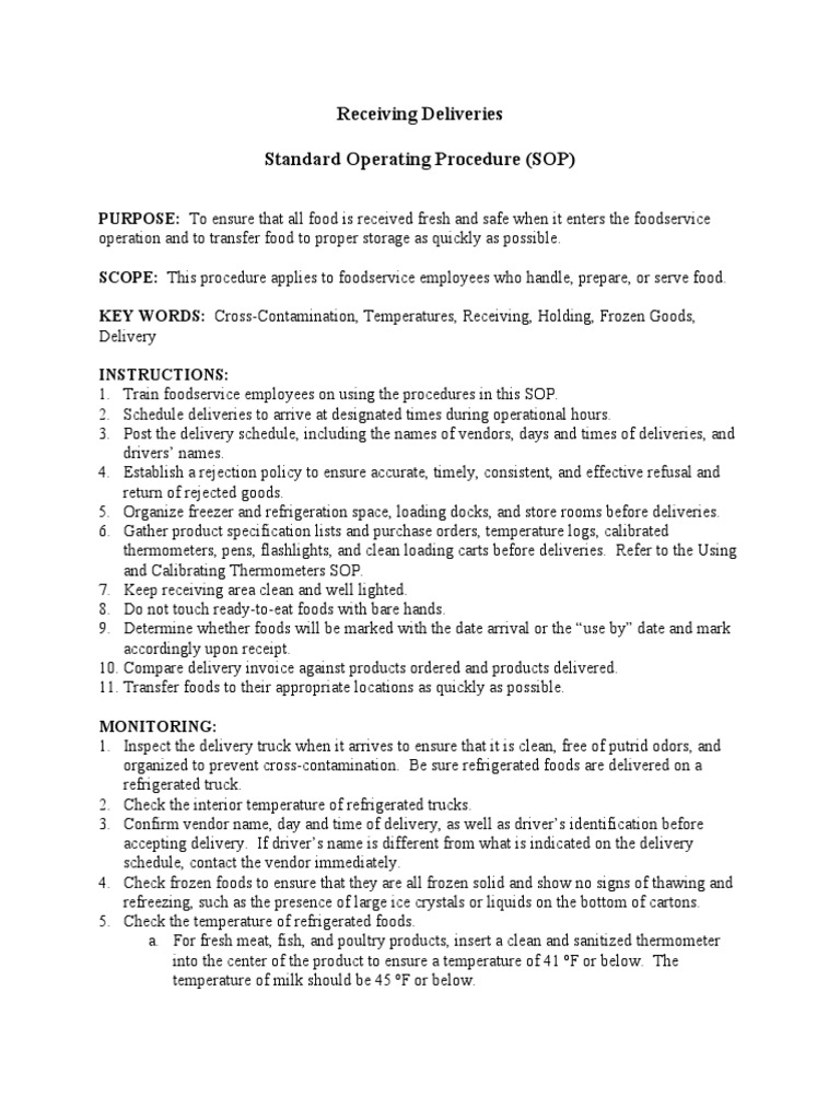 SOP Receiving-Deliveries | PDF | Shelf Life | Refrigerator