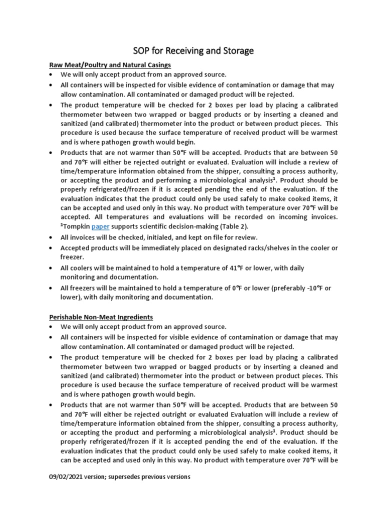 SOP For Receiving and Storage | PDF | Refrigerator | Thermometer