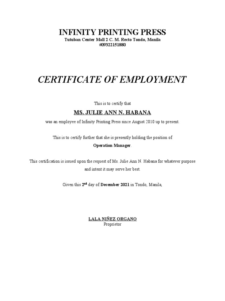 Infinity Printing Press Employment Cert. | PDF