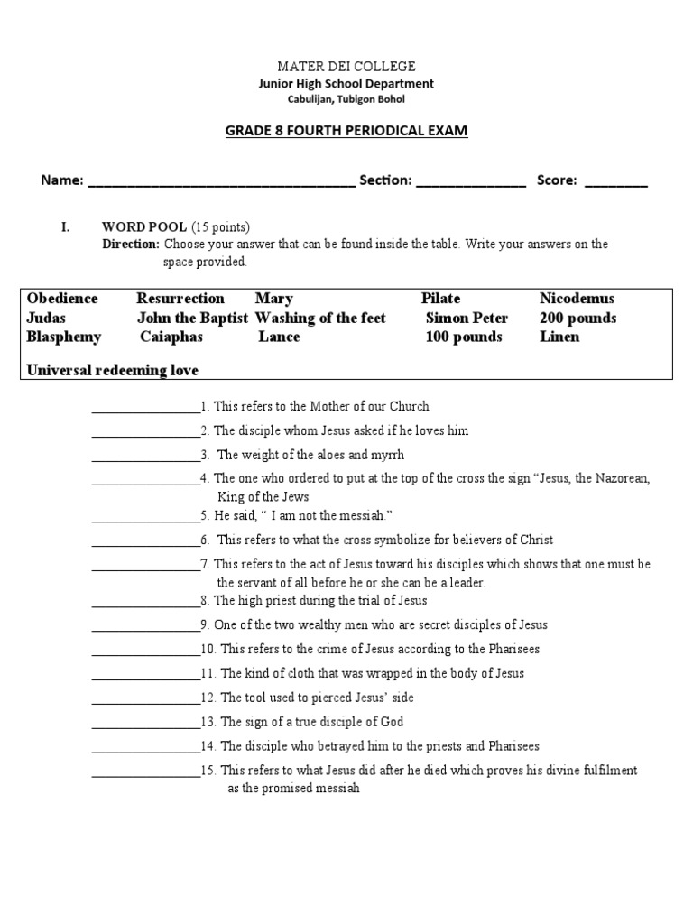Grade 8 Religious Education Exam Guide | PDF | Jesus | Gospel Of Mark