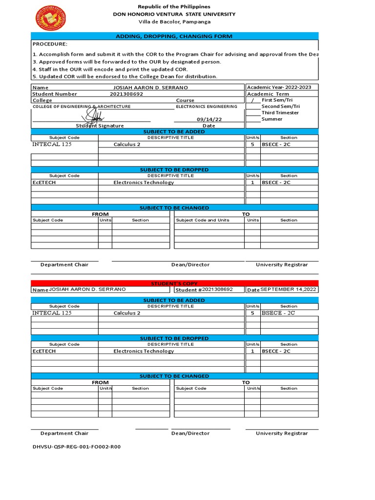 SERRANO-adding-dropping-and-changing-form - XLSX - Add, Drop, Change | PDF
