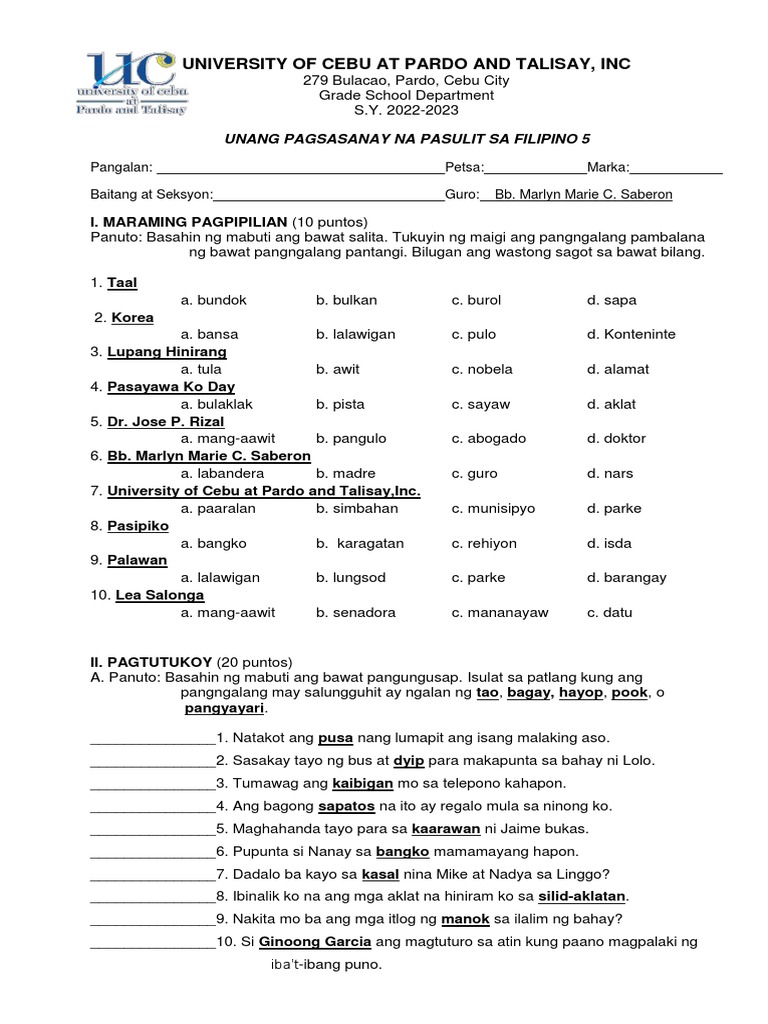 Unang Pagsasanay Na Pasulit Sa Filipino 5 | PDF