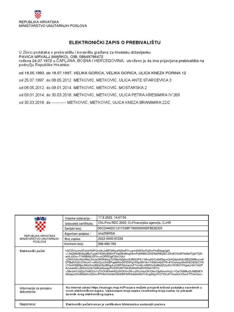 Elektronički Zapis o Prebivalištu | PDF