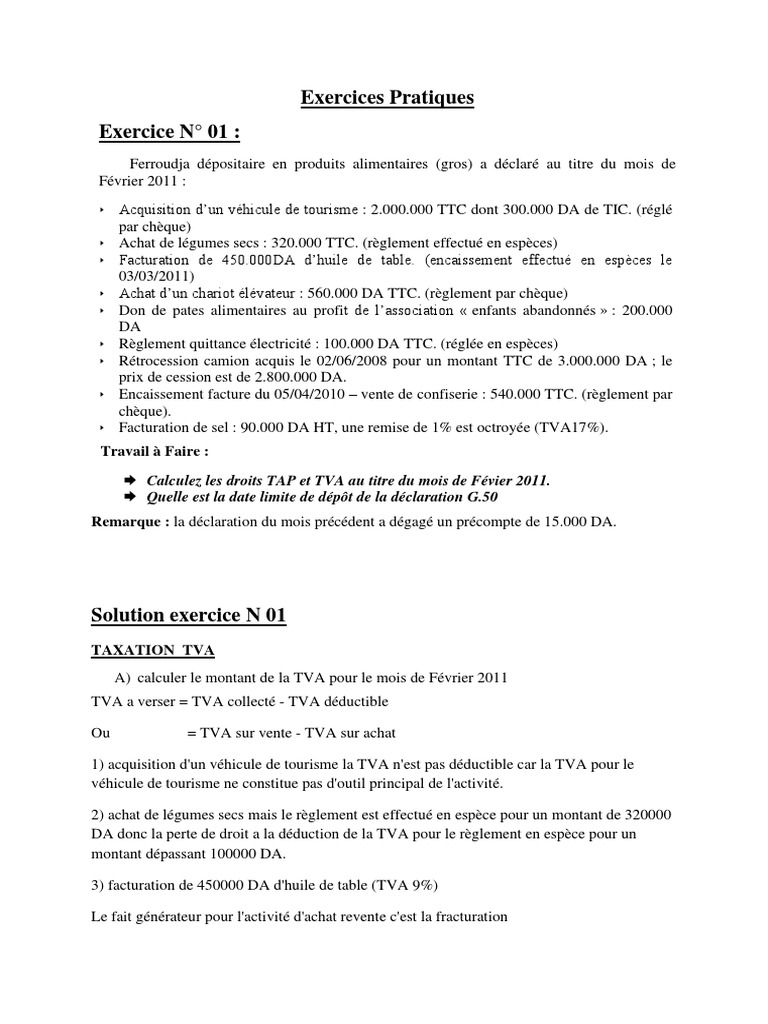 UMMTO Exercices Corrigés TAP TVA IBS | PDF | Taxe sur la valeur ajoutée | Comptabilité