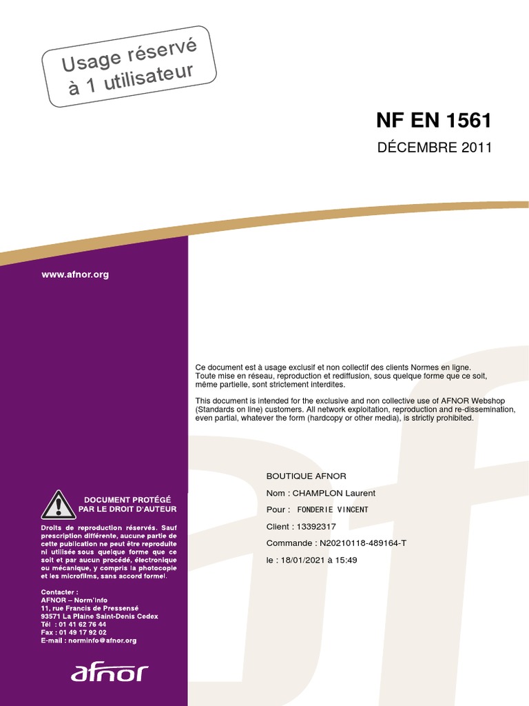 NF EN 1561 Fonte FGL Decembre 2011 | PDF | Fonte (métallurgie) | Dureté ...