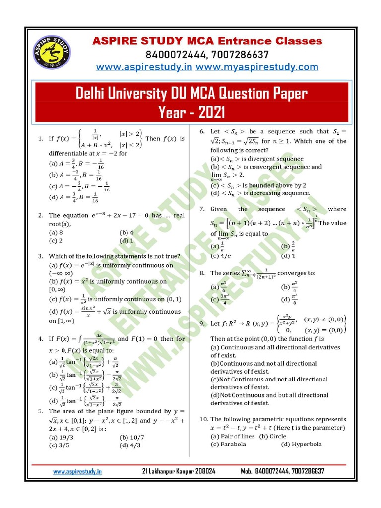DU MCA 2021 Question Paper | PDF