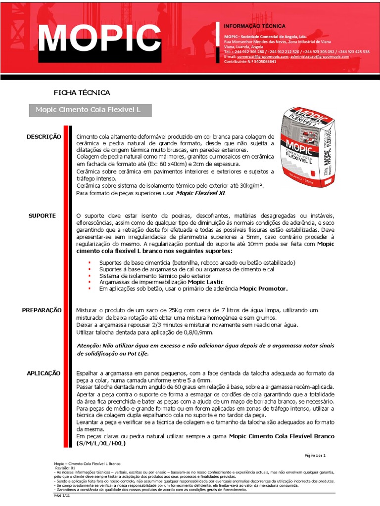 Cimento Cola Flexível Mopic L Branco | PDF | Argamassa (alvenaria ...