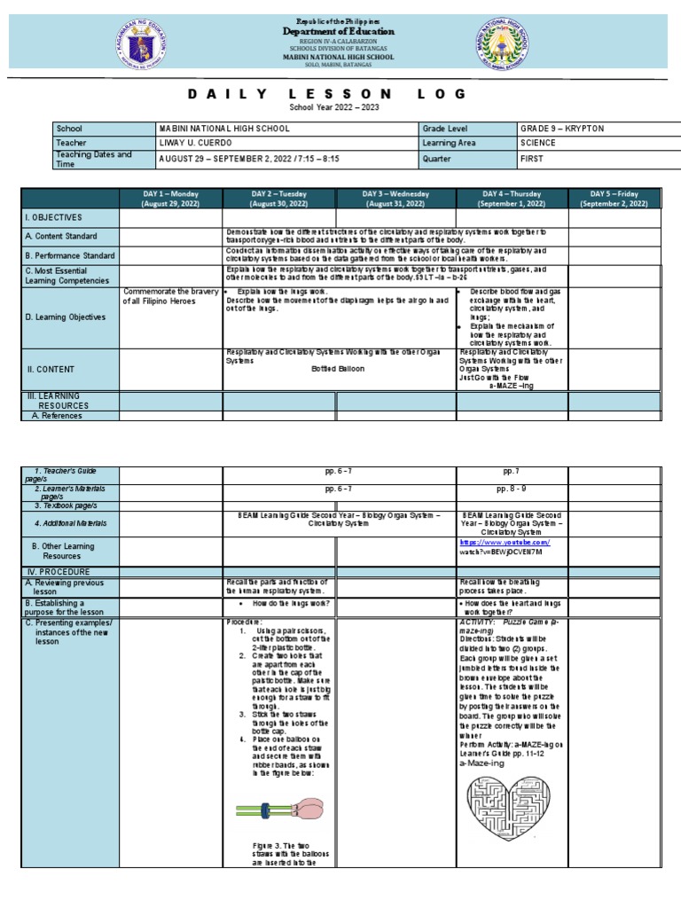 Weekly-DLL-Science G9 WK 2 | PDF | Breathing | Lung