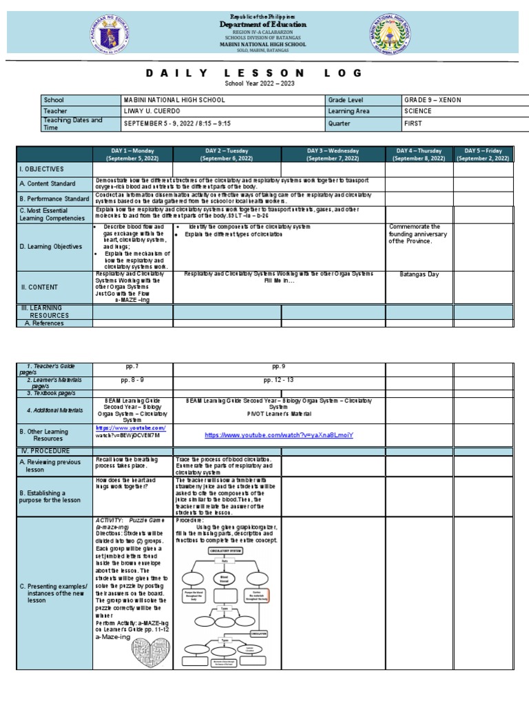 Weekly-DLL-Science G9 WK 3 | PDF | Heart | Blood Vessel