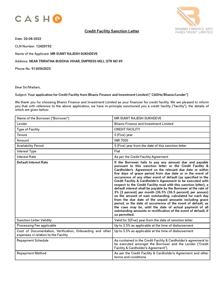 Credit Facility Sanction Letter | PDF | Line Of Credit | Loans