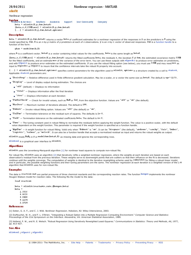 Nonlinear Regression - MATLAB | PDF | Mean Squared Error | Regression ...