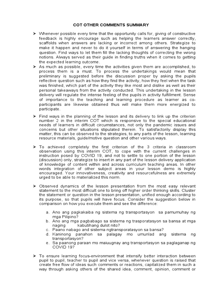 Cot Other Comments | PDF | Learning | Teachers