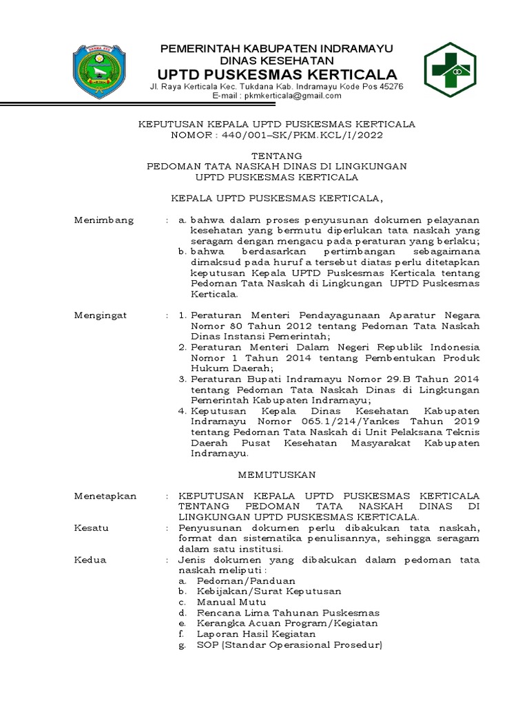SK Tentang Pedoman Tata Naskah Puskesmas Kerticala | PDF