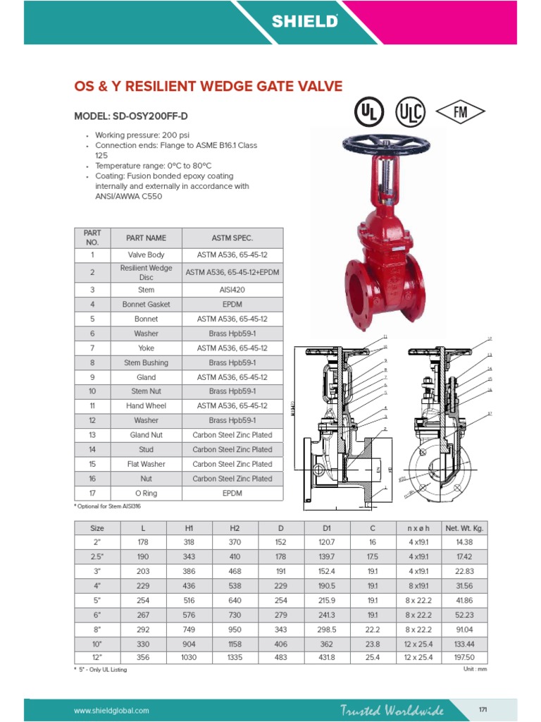 Specification Sheet for an OS&Y Resilient Wedge Gate Valve with Flanged Connections for Working ...