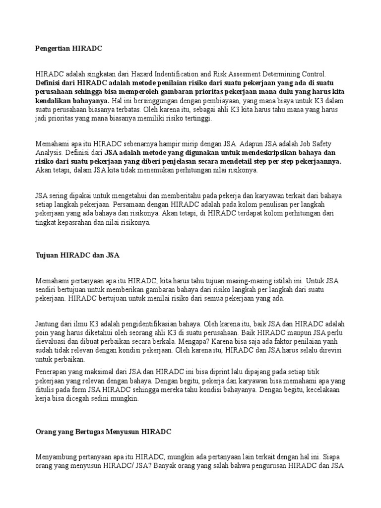 Pengertian HIRADC Dan Jenis Bahaya K3 | PDF | Bisnis