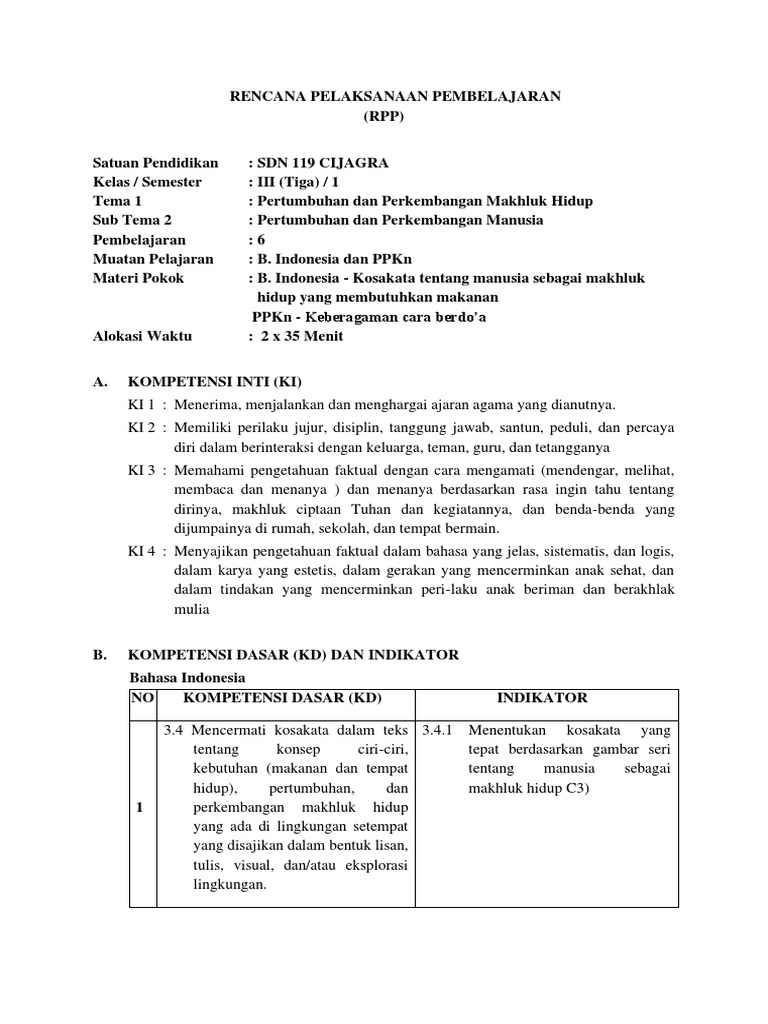 RPP Kelas 3 Tema 1 Subtema 2 PB 6 (SINTA) | PDF