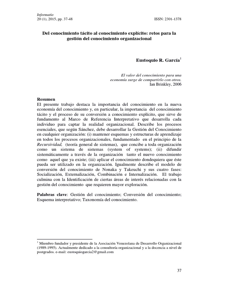 García (2015) Del Conocimiento Tácito Al Conocimiento Explícito | PDF ...