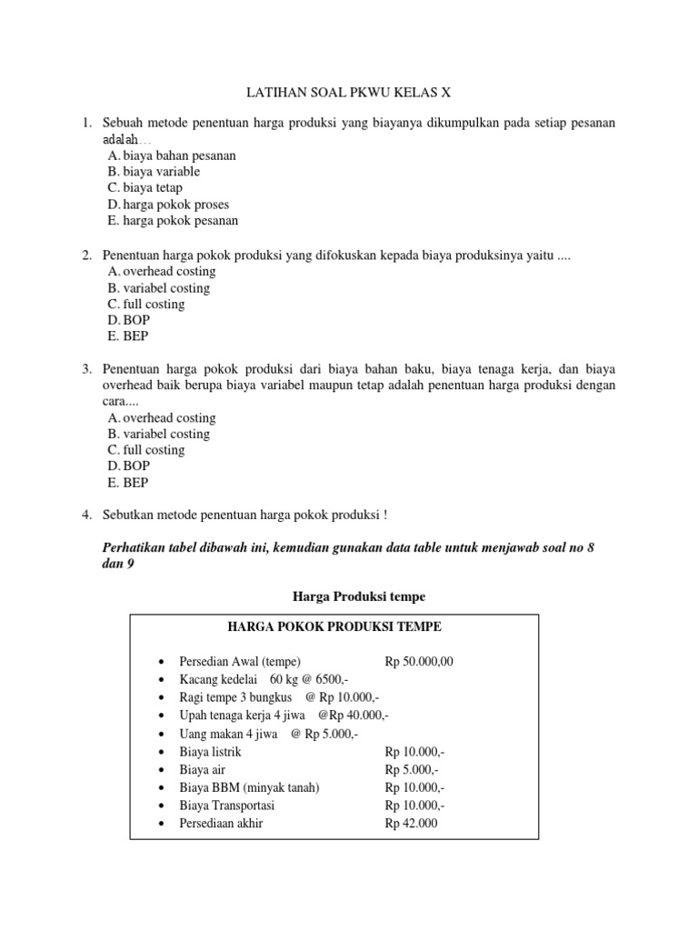 Latihan Soal Pkwu Kelas X HPP | PDF