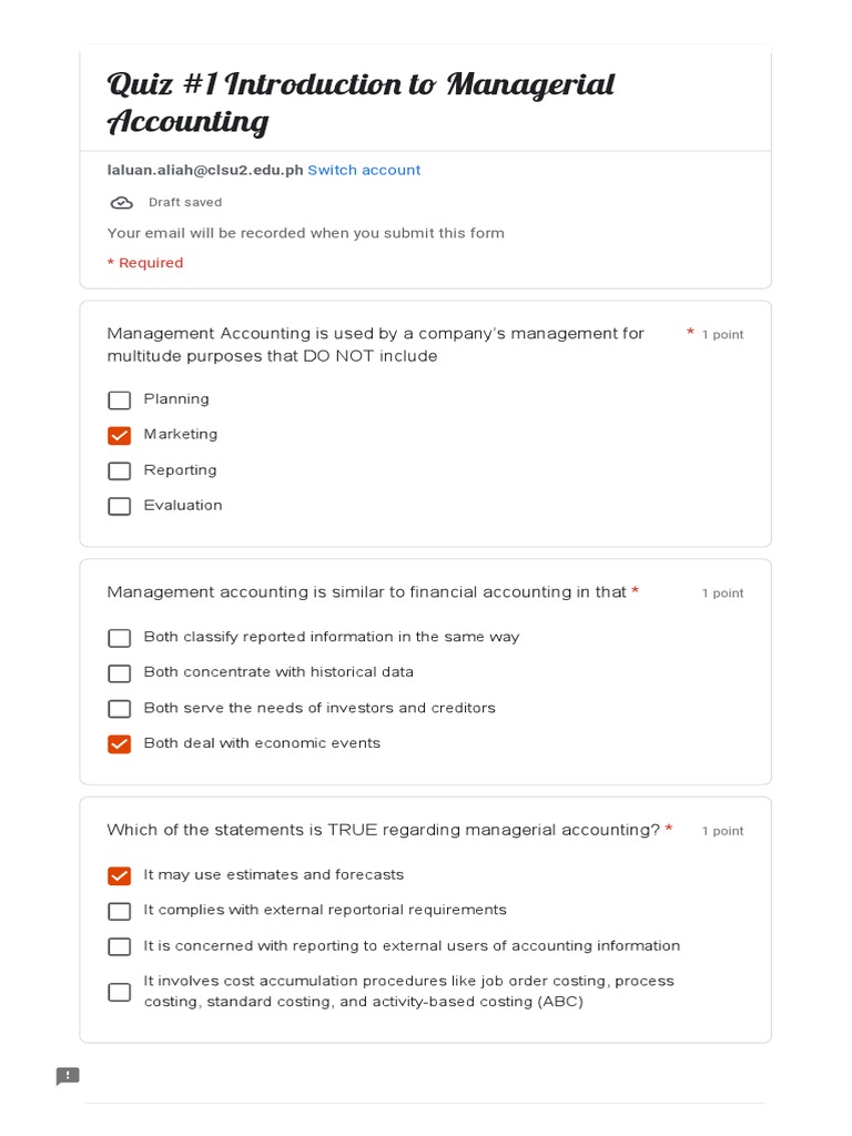 Quiz 1 Introduction To Managerial Accounting | PDF | Accounting ...