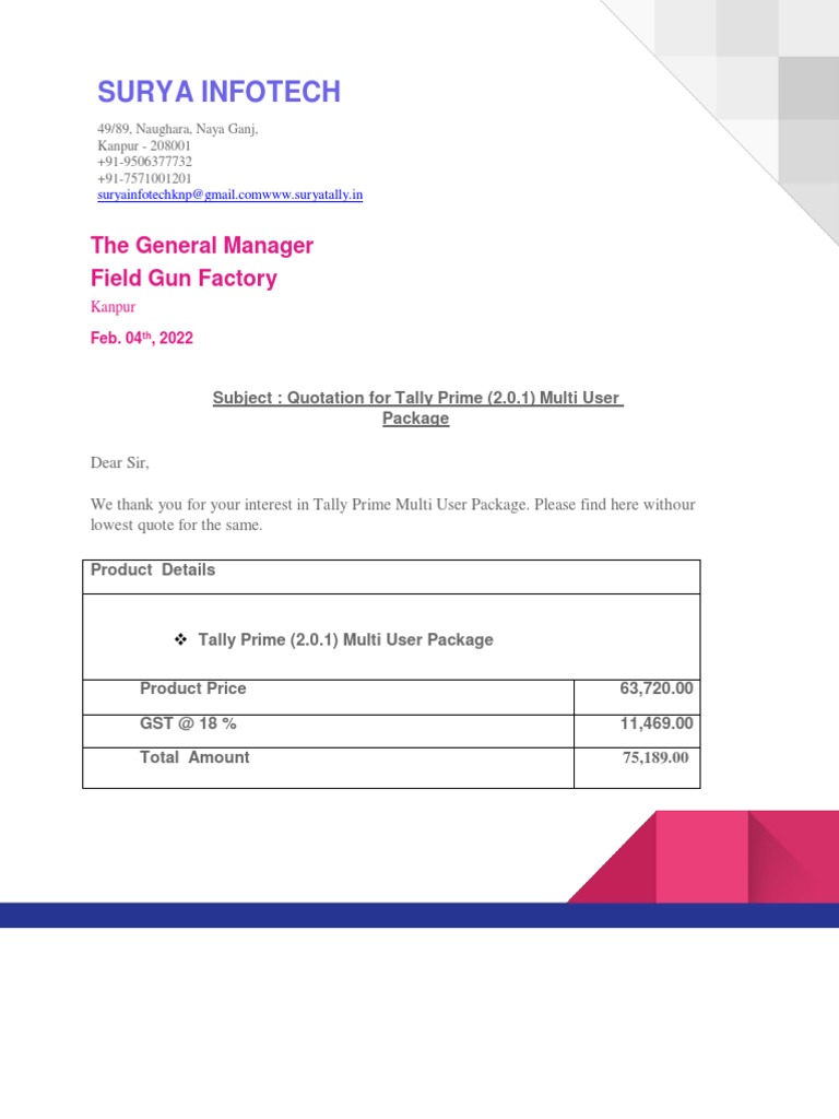 Quotation For Tally Multi User Package | PDF