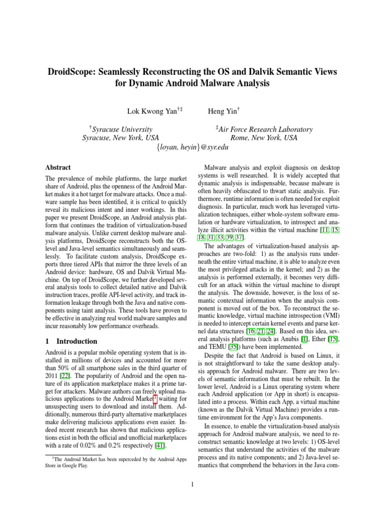 DroidScope: Android Malware Analysis Tool | PDF | Android (Operating System) | Java (Programming ...