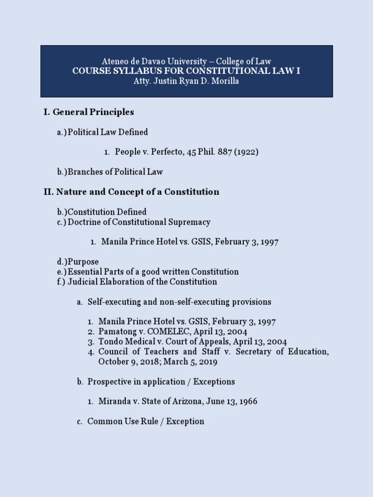 Constitutional Law I Week 1 Syllabus General Principles and Nature and ...