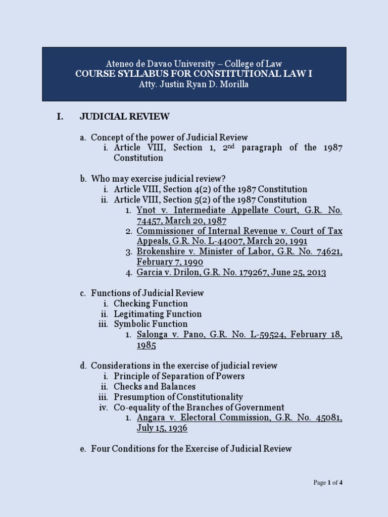 Constitutional Law I Week 2 Syllabus Theory of Judicial Review | PDF | Separation Of Powers ...