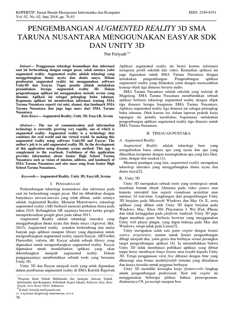Pengembangan Augmented Reality 3D Sma Taruna Nusantara Menggunakan Easyar SDK Dan Unity 3D | PDF