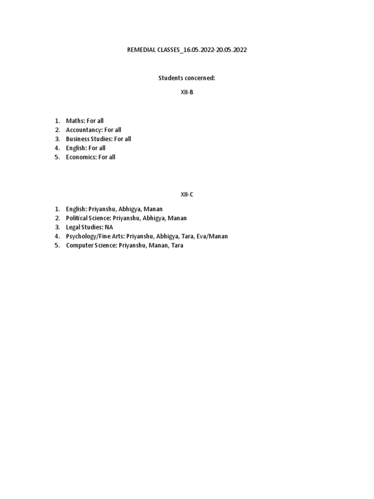 Remedial Class Schedule - 16-20th May | PDF