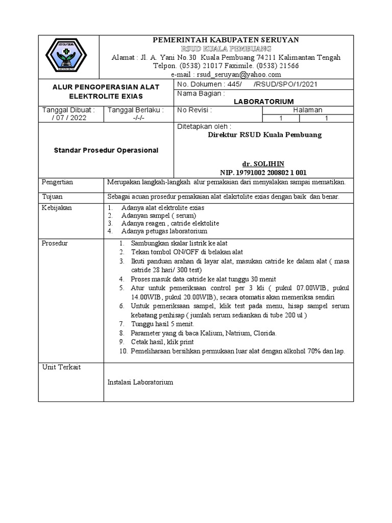 Sop Pengoperasian Alat Elektrolite Exias | PDF
