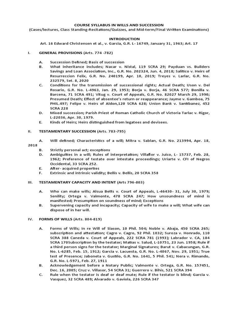 Wills & Succession Syllabus | PDF | Will And Testament | Intestacy
