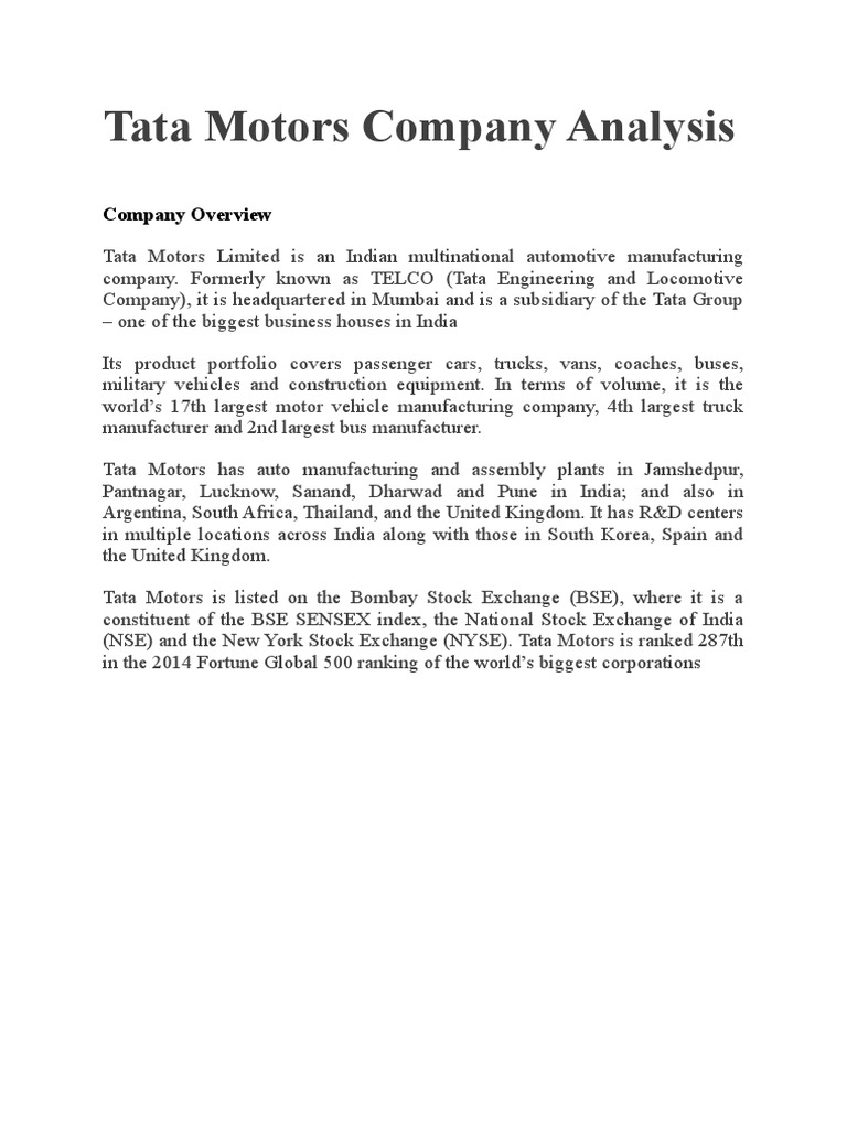 Tata Motors Company Analysis | PDF | Motor Vehicle Manufacturers ...