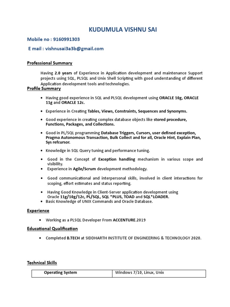 Vishnu Resume Pdf Plsql Sql 