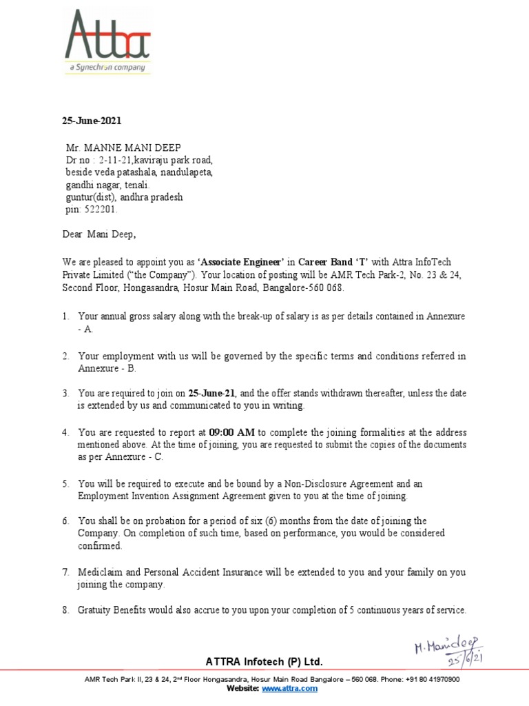 MANNE MANI DEEP - Offer Letter - 25th June 2021 | PDF | Employment ...