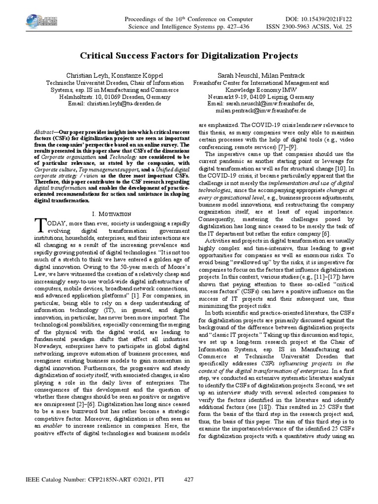 Critical Success Factors For Digitalization Projec | PDF | Organizational Culture | Survey ...