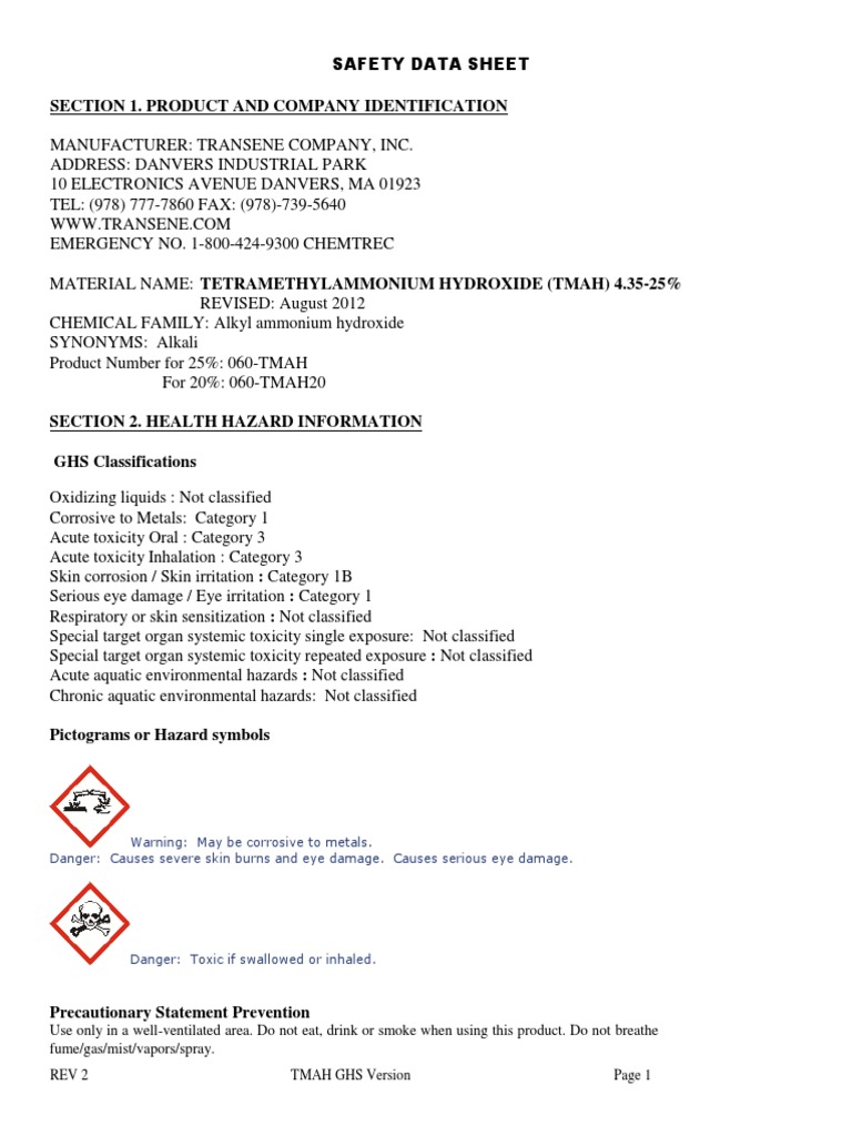TMAH 25 Tetramethylammonium Hydroxide | PDF | Toxicity | Personal ...