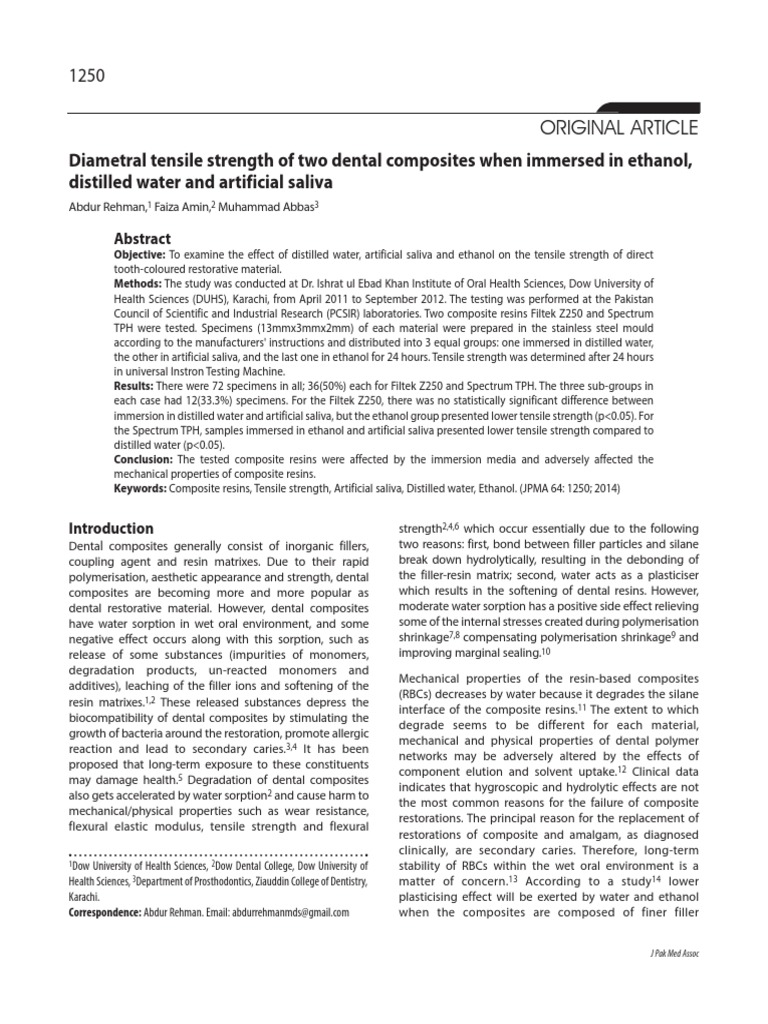 Diametral Tensile Strength of Two Dental Composite When Immersed in ...