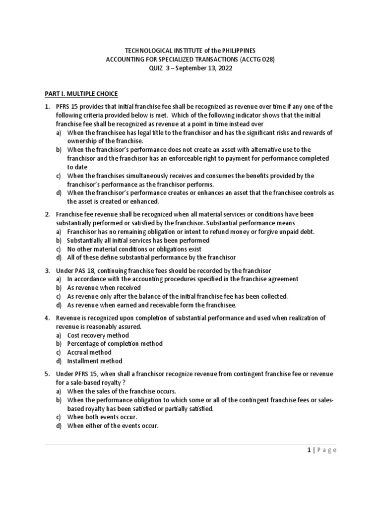 Quiz No. 3 | PDF | Franchising | Revenue