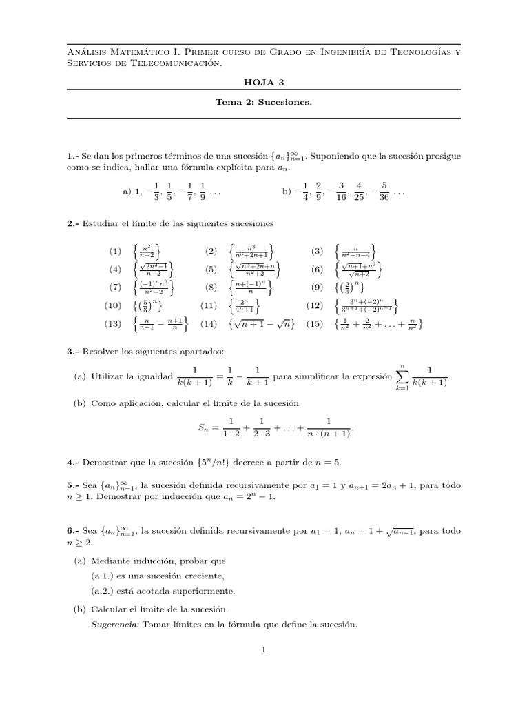 HOJA DE PROBLEMAS 1 Calculo | PDF | Secuencia | Estructuras matemáticas